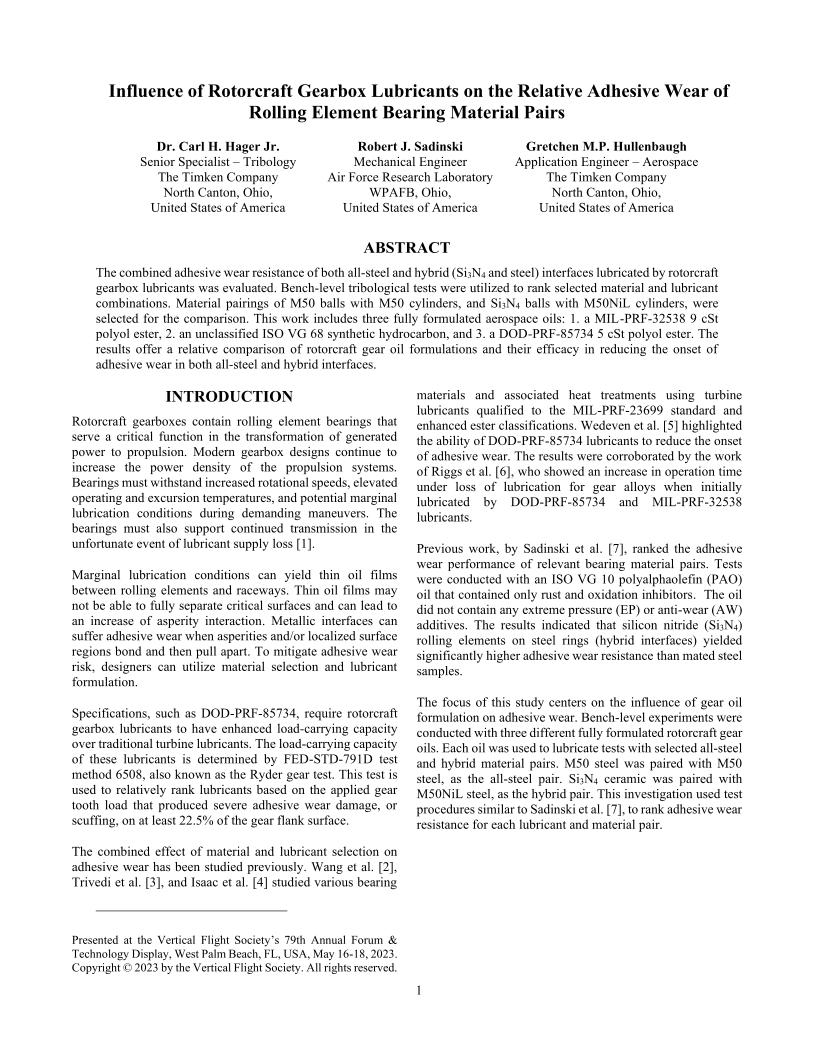 Influence of Rotorcraft Gearbox Lubricants on the Relative Adhesive ...